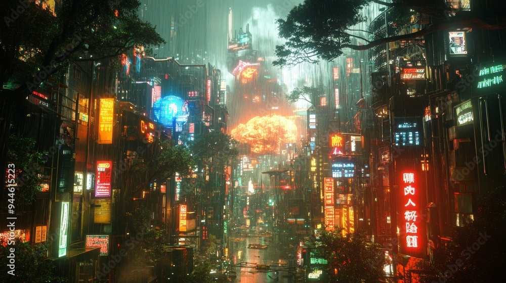 Futuristic dystopian city after a massive explosion, buildings ...