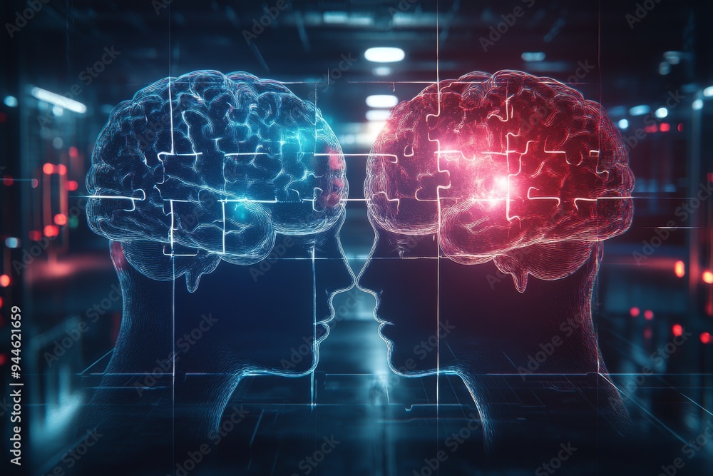 Futuristic digital rendering of two glowing brains connected by data streams symbolizing the ...