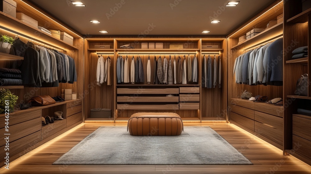 Modern minimalist men walk in wardrobe with clothes hanging on rods ...
