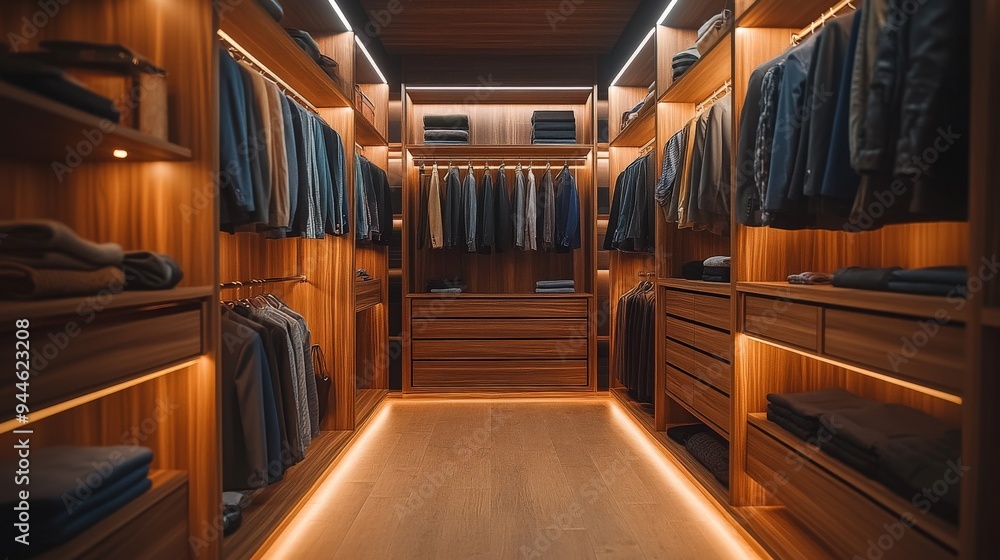 Modern minimalist men walk in wardrobe with clothes hanging on rods ...
