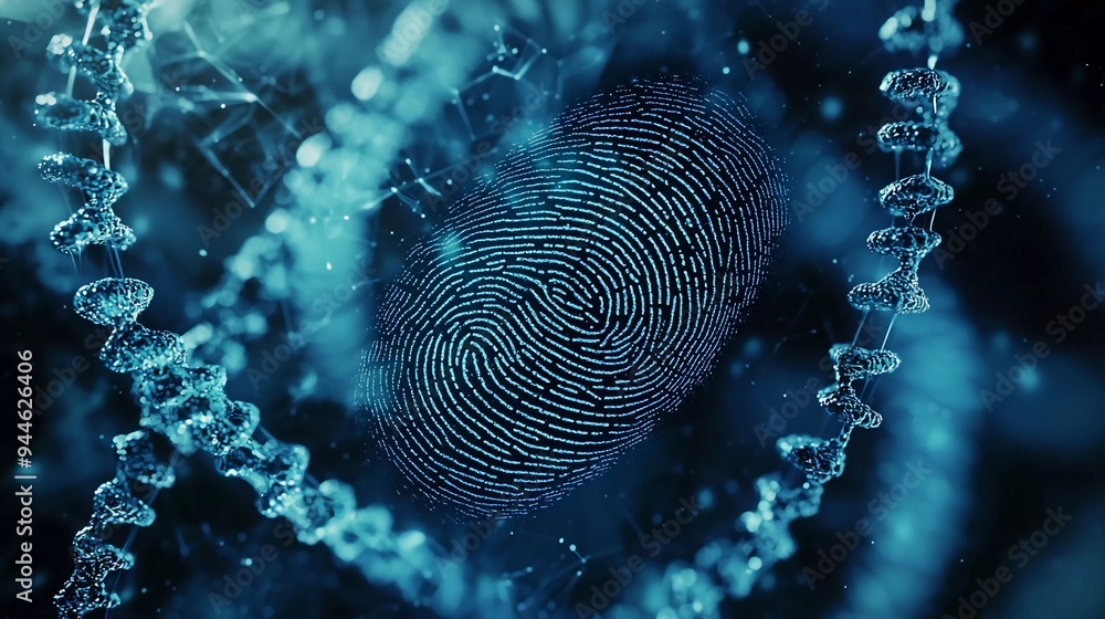 Identity, conceptual image. Finger print and DNA (deoxyribonucleic acid ...