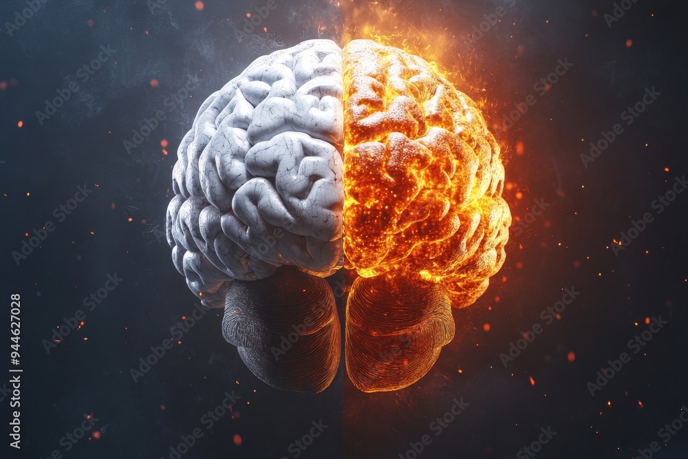Futuristic 3D rendering of a brain divided into fiery and icy halves ...