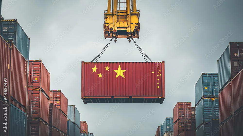 Yellow crane lifting shipping container with chinese flag at a port ...