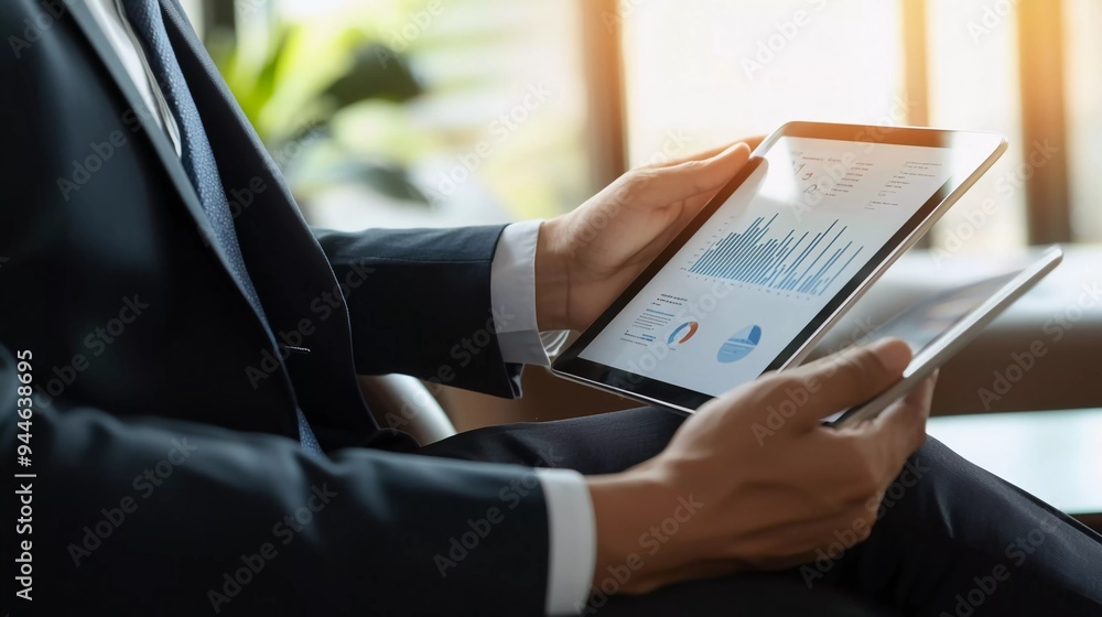 Professional businessman, holding tablet, points at a graph on screen ...