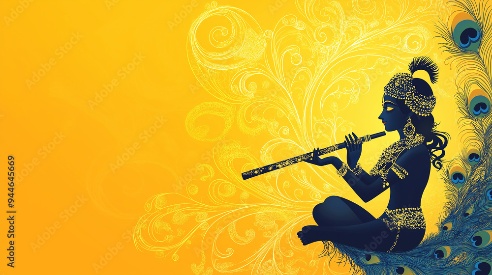 Lord krishna playing bansuri flute silhouette with peacock feather on ...