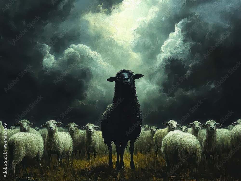 surrealist painting depicting a lone black sheep standing out in a sea ...