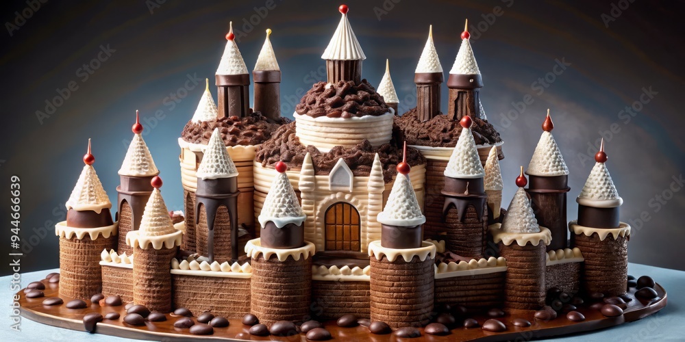 A majestic castle built entirely out of Black Forest cake, with towers ...