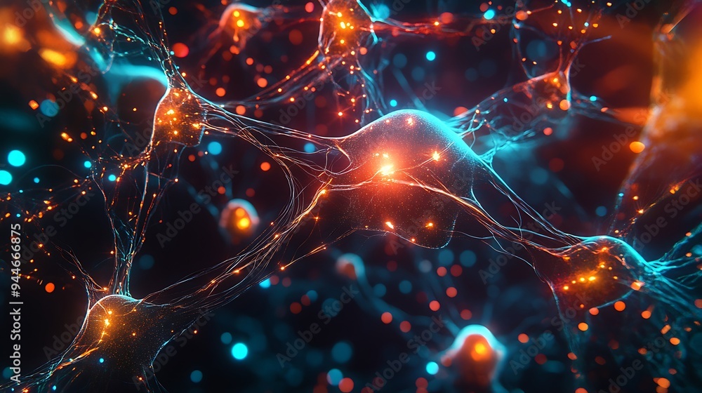 close-up of complex neural network visualization, featuring glowing ...