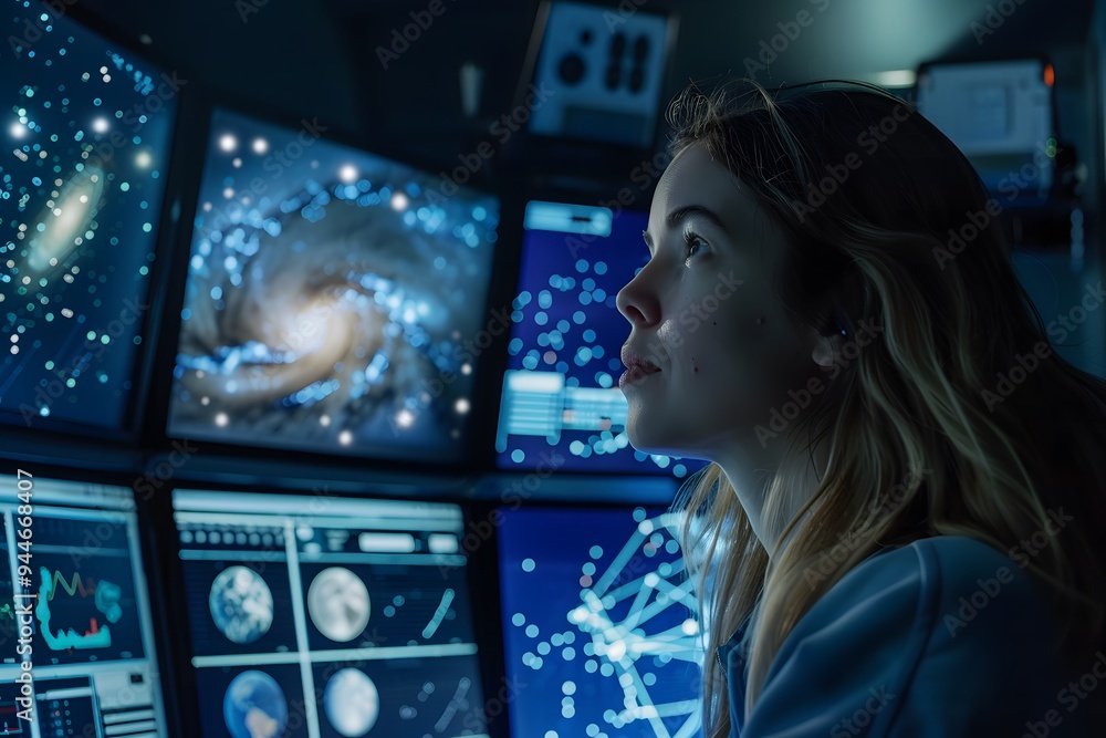 A close-up of a woman astronomer analyzing data on a computer screen in ...