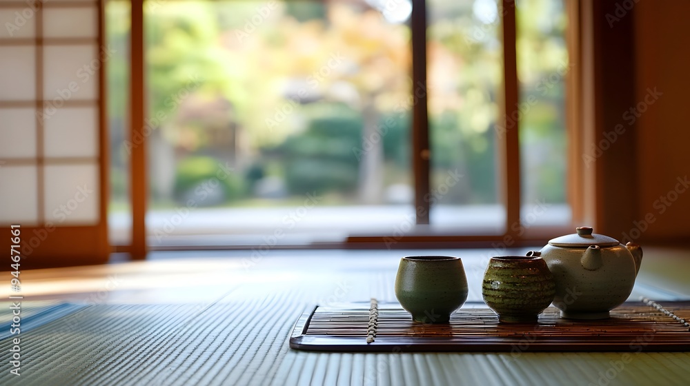 A traditional Japanese matcha tea set with ceramic cups saucers and ...