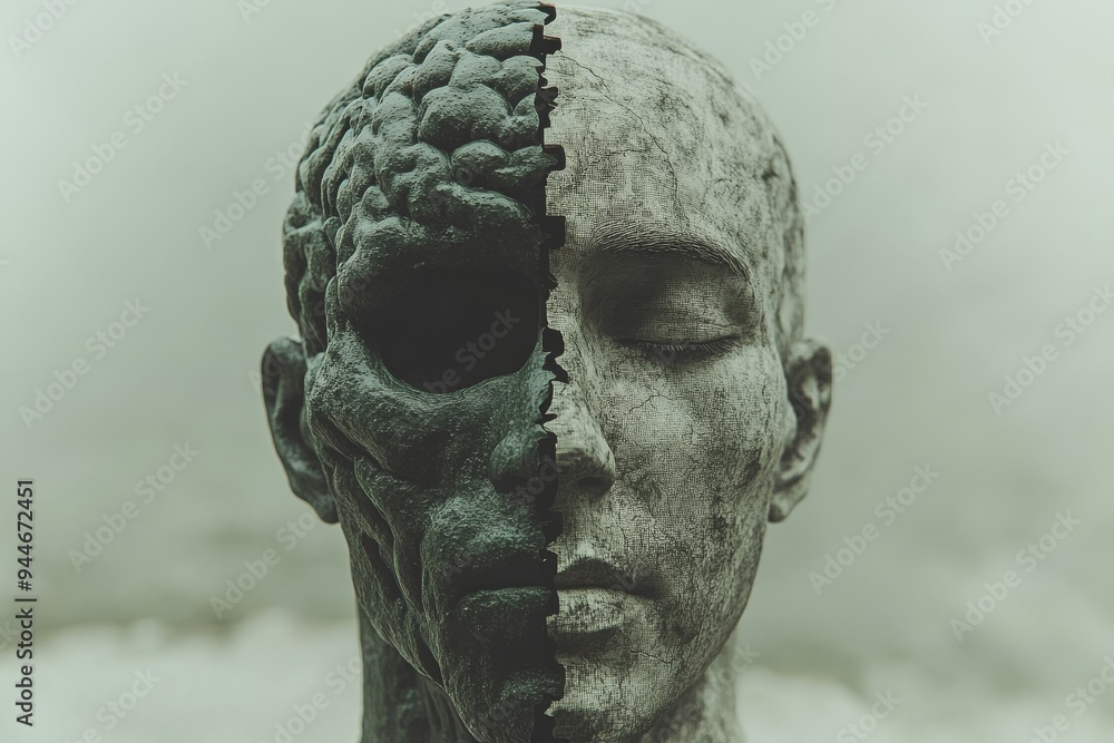 Conceptual Sculpture of a Human Head with Half Brain Depicting ...