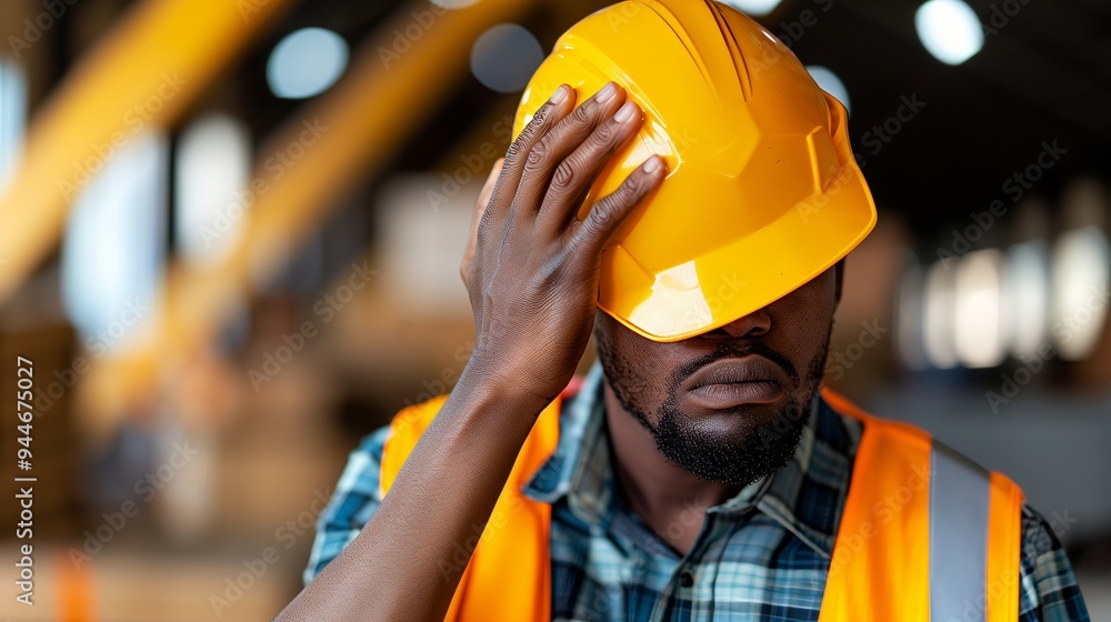 African American construction worker holding his hard hat in fatigue at ...