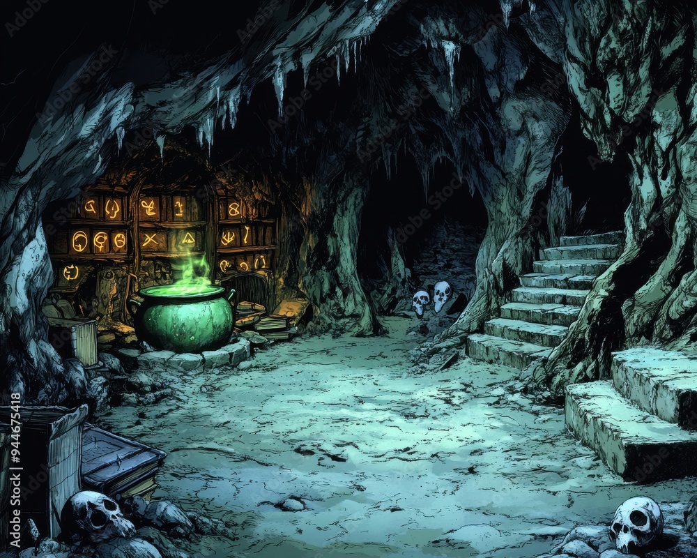 Mysterious Underground Cave with Glowing Cauldron, Ancient Shelves, and ...
