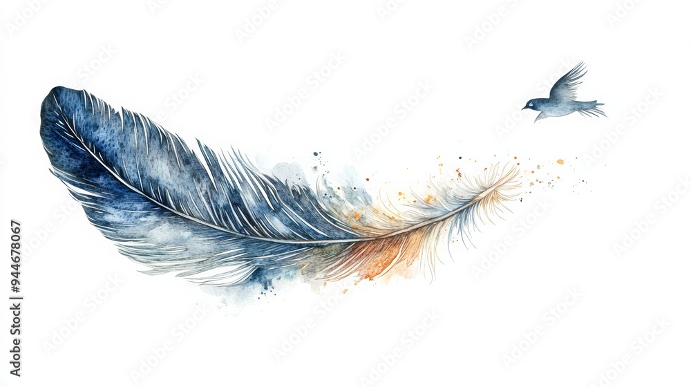 Watercolor clipart of a near, detailed feather with a distant bird in ...