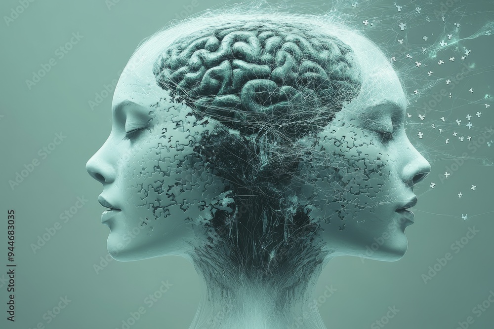 Surreal digital rendering of a female profile dissolving into neural ...