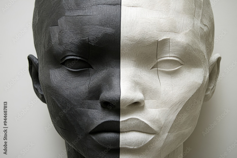 Monochromatic digital rendering of a human face with contrasting light ...