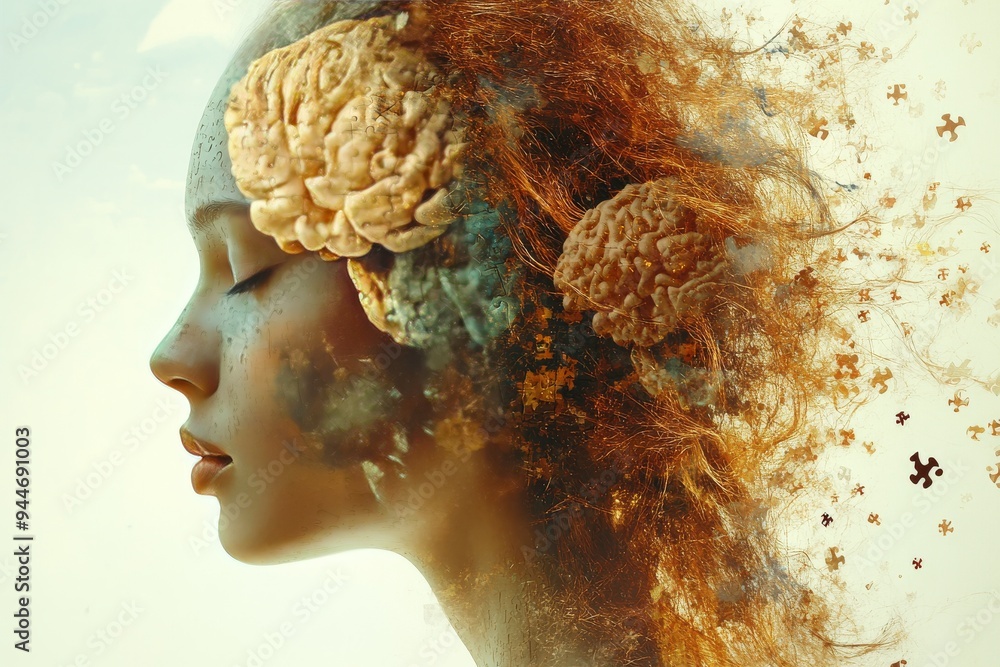 Artistic digital illustration of a female profile with a brain ...