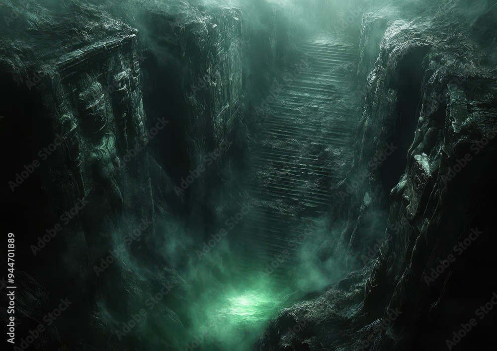 Mysterious underwater abyss with ancient ruins and green glowing light ...