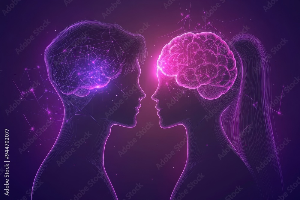 Surreal digital rendering of a couple with glowing brains in a purple ...