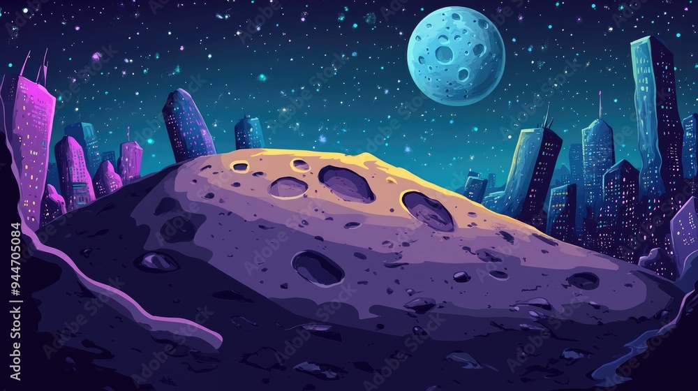 Cartoon space scene depicting an asteroid s surface with a city ...