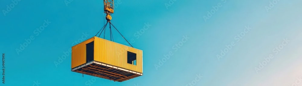 A crane lifting a modular home into place, construction site, modern ...