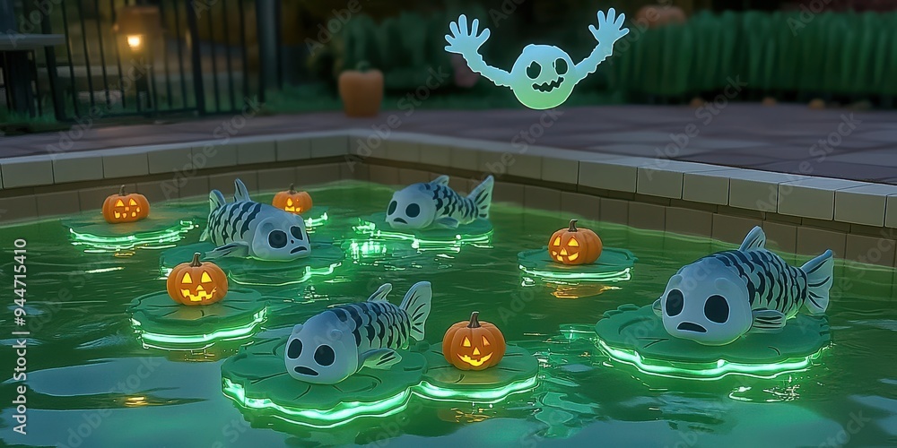 Spooky Animated Halloween Pool Scene with Glowing Fish Skeletons ...