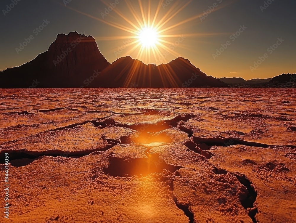 Stunning desert sunset over cracked red earth, illustrating the harsh ...