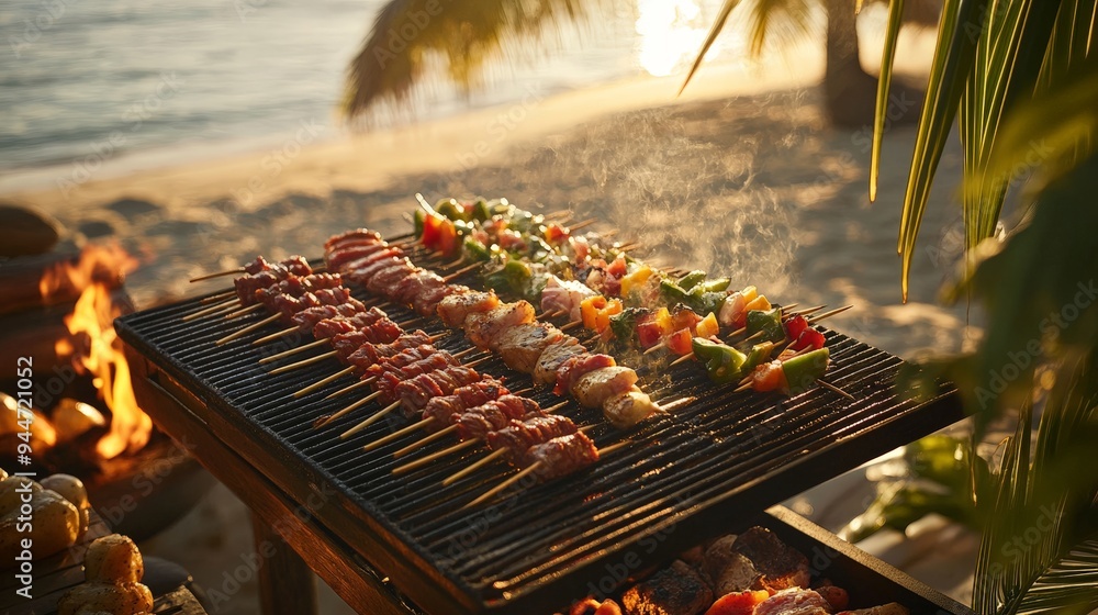 tropical beachside barbecue with friends. The grill is loaded with ...