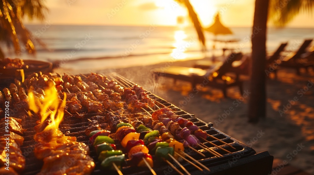 tropical beachside barbecue with friends. The grill is loaded with ...