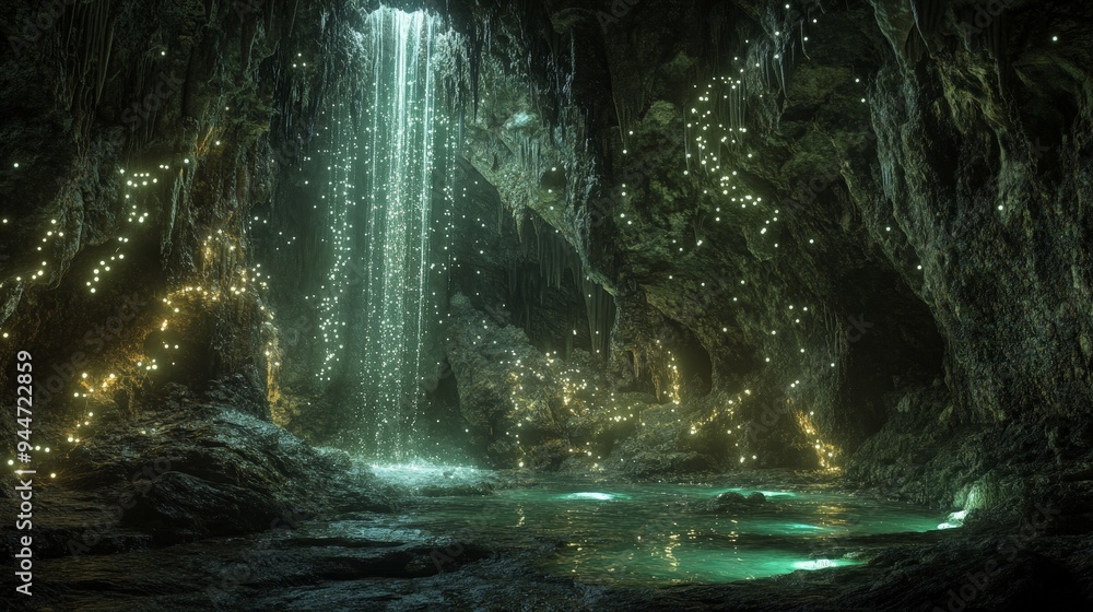 mystical cave illuminated by bioluminescent plants and fungi. Stock ...