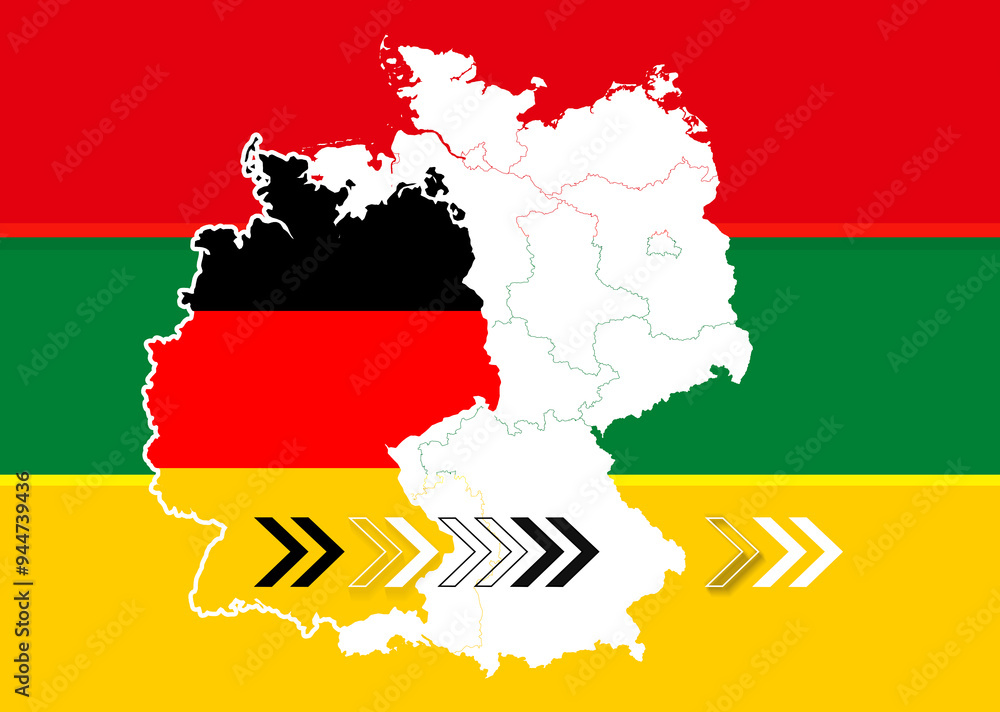 Simplified outline map of Germany with "traffic light coalition" colors ...