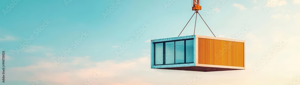 Crane hoisting modular home, construction site, modern housing ...