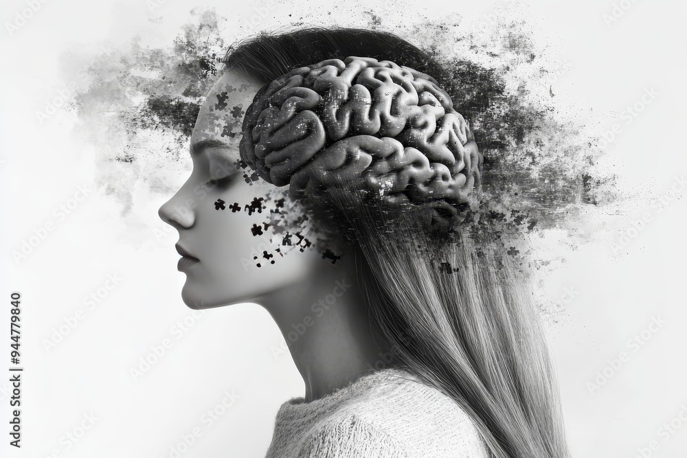 Profile of a woman with a brain overlay in grayscale symbolizing mental ...