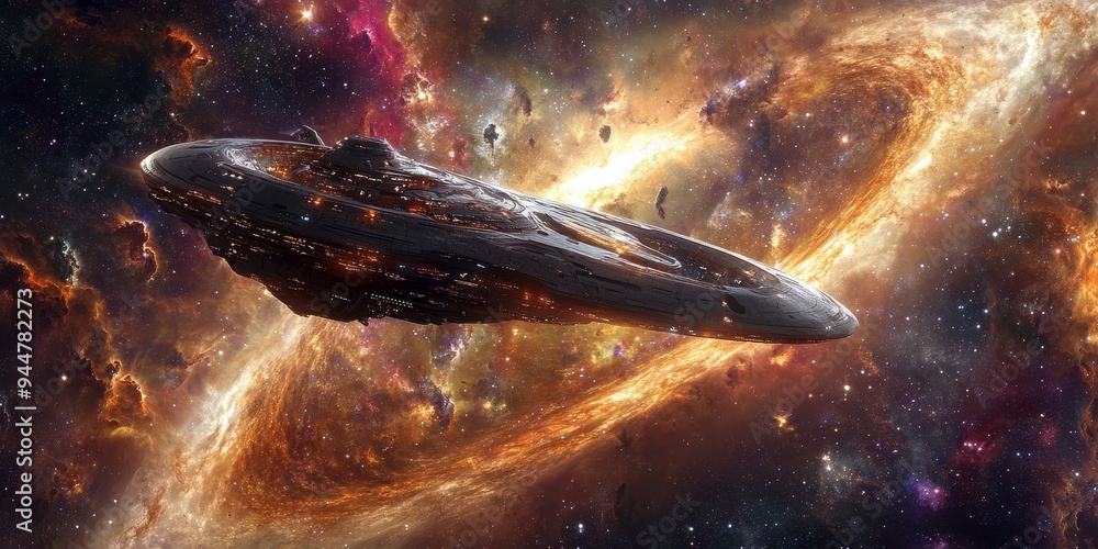A starship orbiting a newly discovered galaxy, with its crew observing ...