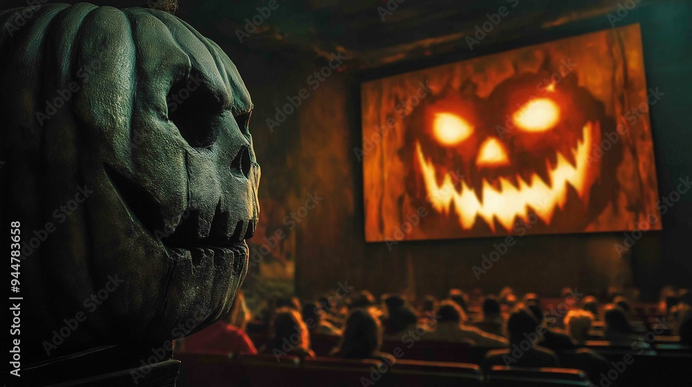 A 1950s horror movie theater showing Halloween films, with classic ...