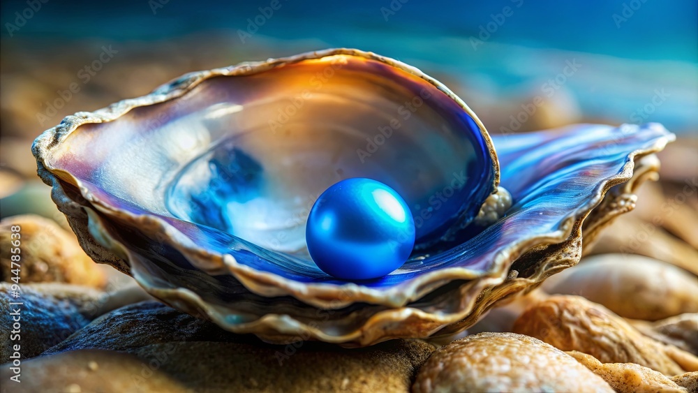 Blue pearl resting inside an oyster shell on the ocean floor, Blue ...