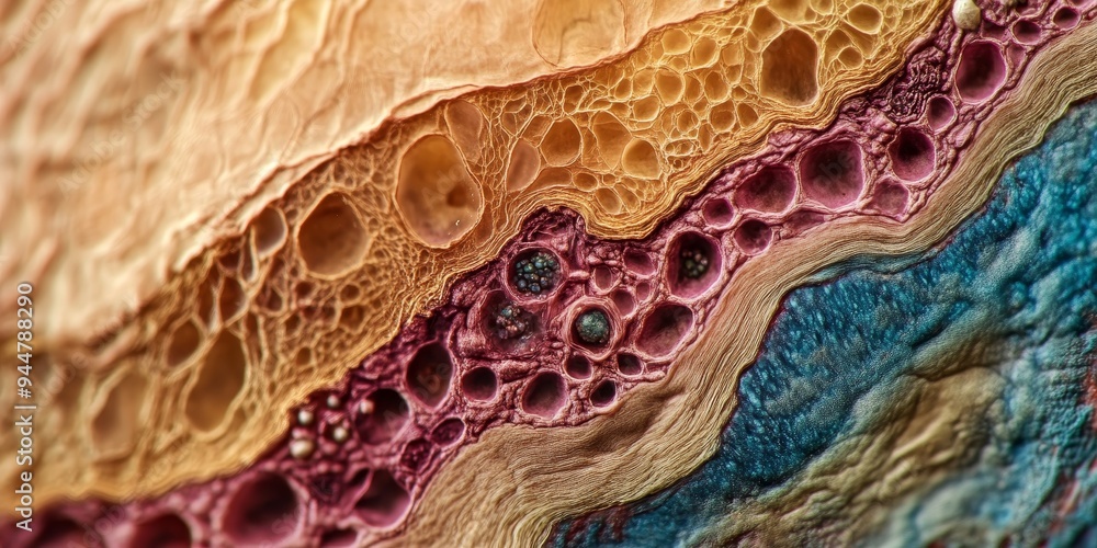 A magnified cross-section of human skin, showcasing the intricate ...
