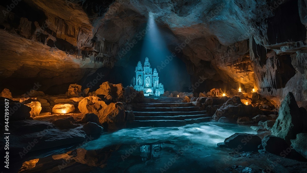 Arcane caves. Ancient carvings, glowing crystals, mystical atmosphere ...