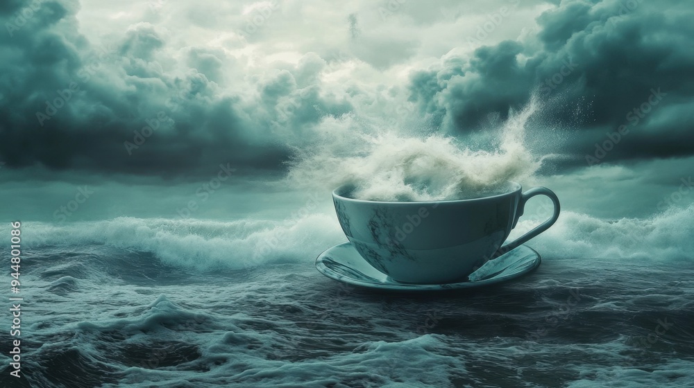 Chaotic storm whirling inside a teacup floating on a serene sea ...