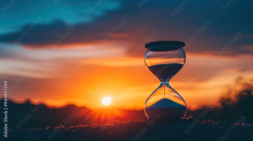 Silhouette of an hourglass in front of a sunset, capturing the ...