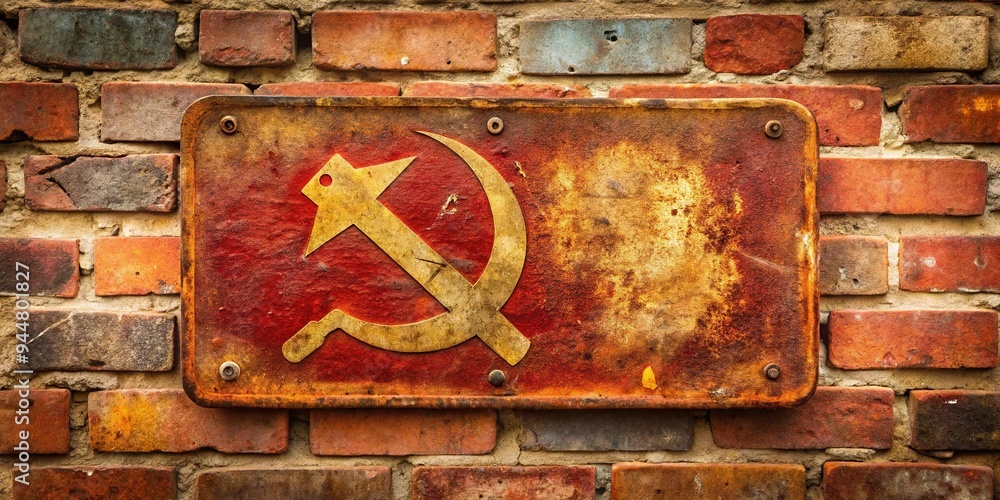 Vintage Soviet-era license plate hangs rusty on a weathered brick wall ...