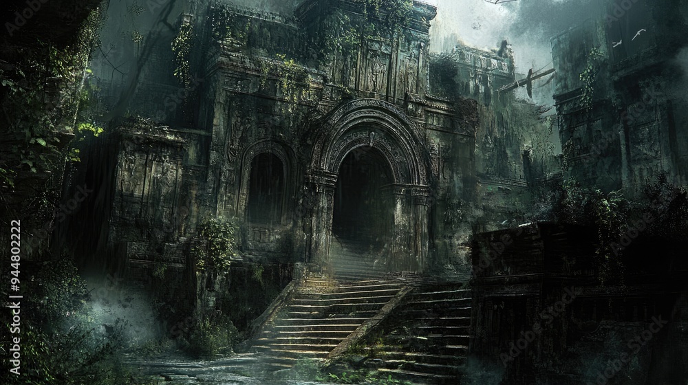 Time travel portal emerging in a fantasy city, with ancient ...