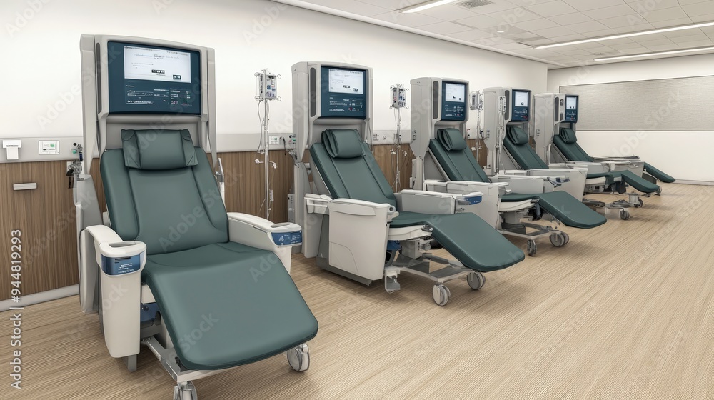 Hemodialysis room, dialysis machines, and reclining chairs, under soft ...