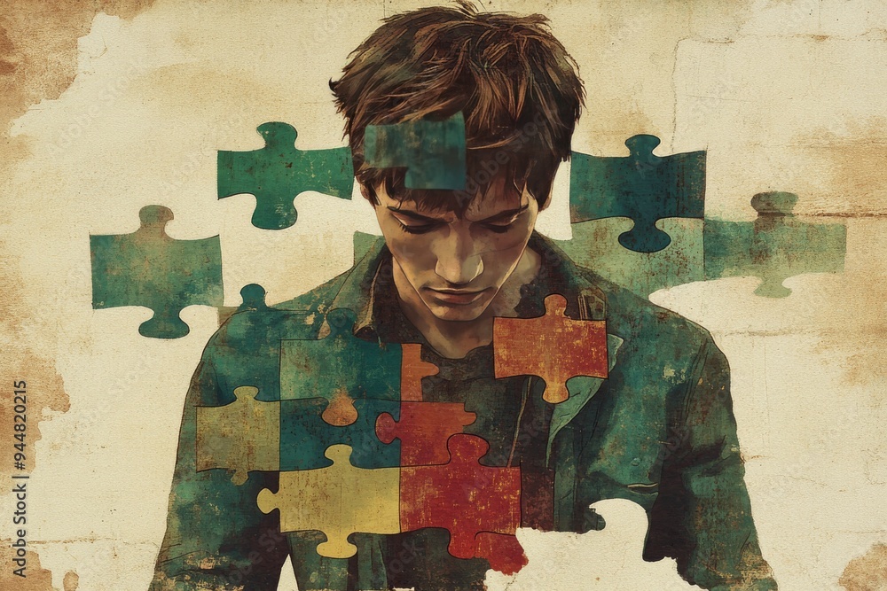 Portrait of a young man with puzzle pieces overlaying his body ...
