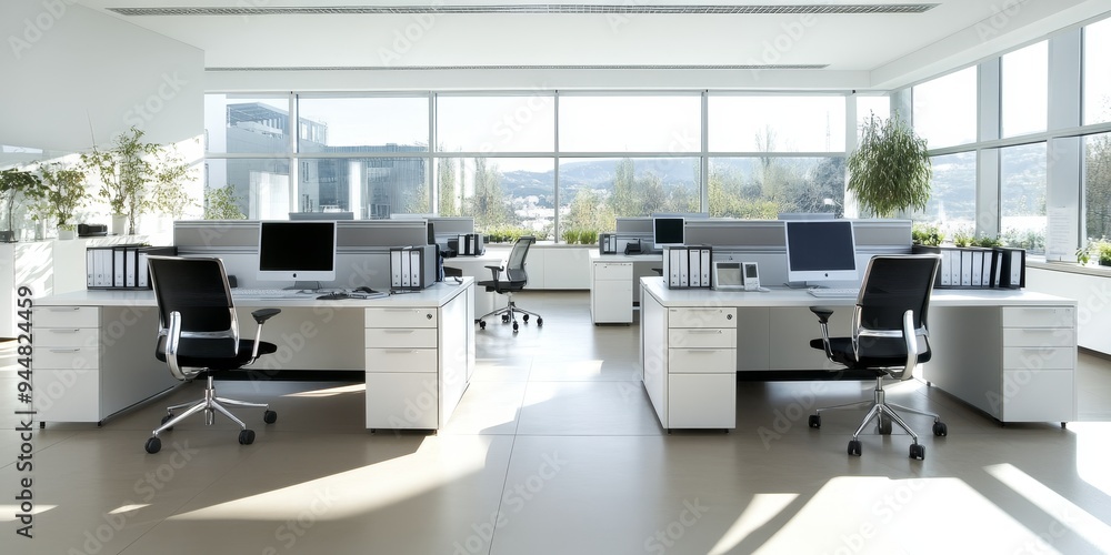 Efficient administrative area with organized desks digital tools and a ...