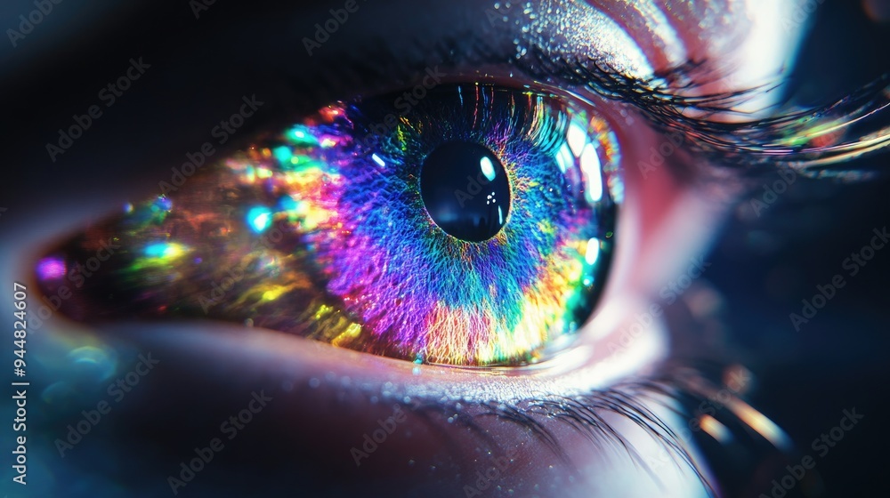 Animation concept of a human multicolored iris featuring rainbow lines ...