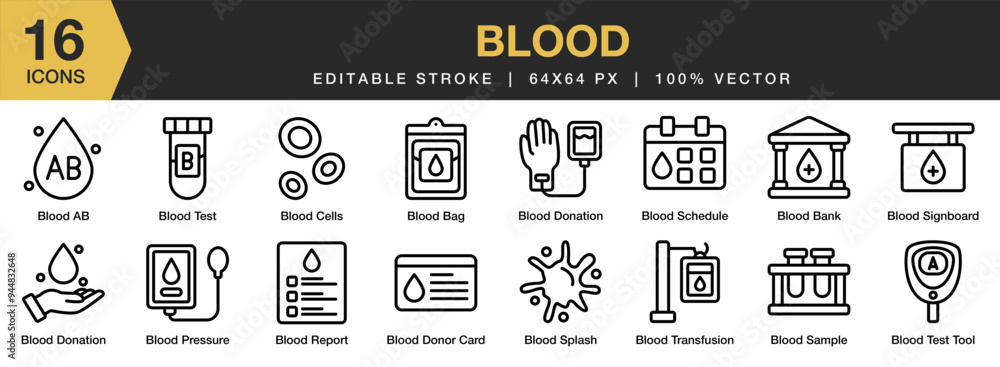 Blood icon set. Editable Stroke Icon Collection. Includes pressure ...