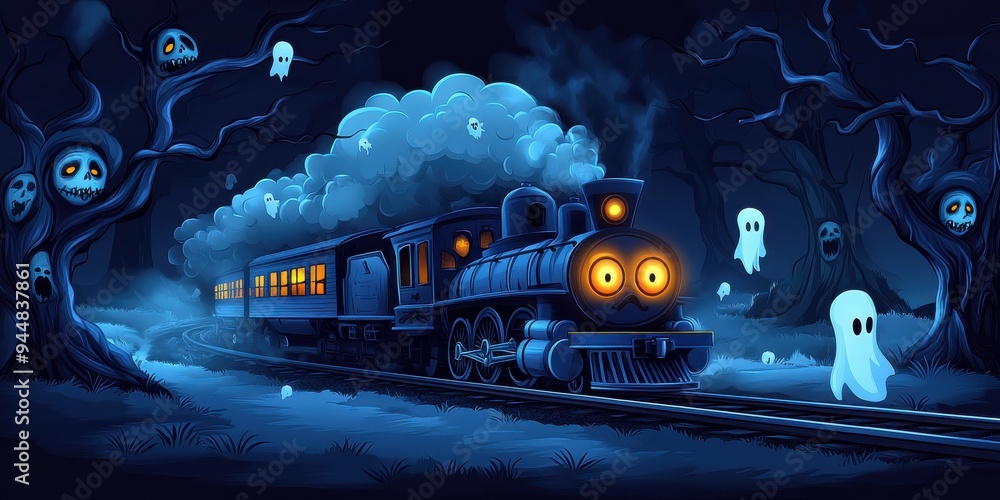 Spooky Ghost Train Passing Through Haunted Forest at Night with Glowing Spectral Figures and ...