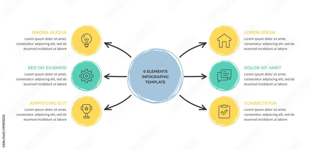 Poster Hand drawn diagram or mind map template with six elements ...