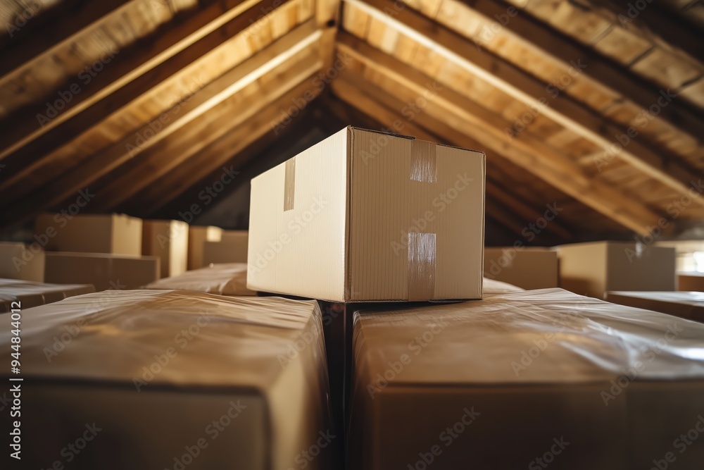 Memories in the Rafters: Cardboard boxes stacked high in a dimly lit ...
